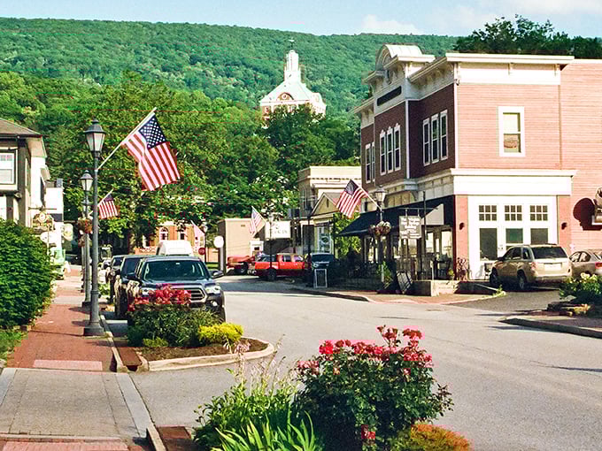 The historic brick buildings of Hot Springs stand proudly against the backdrop of lush Virginia mountains, timeless and inviting.