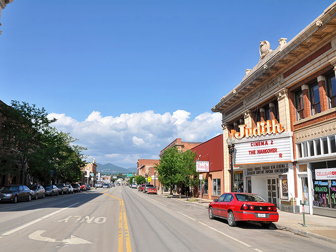 The Judith Theater's vintage marquee lights up Lewistown's evening – where movie night still feels like a special occasion.