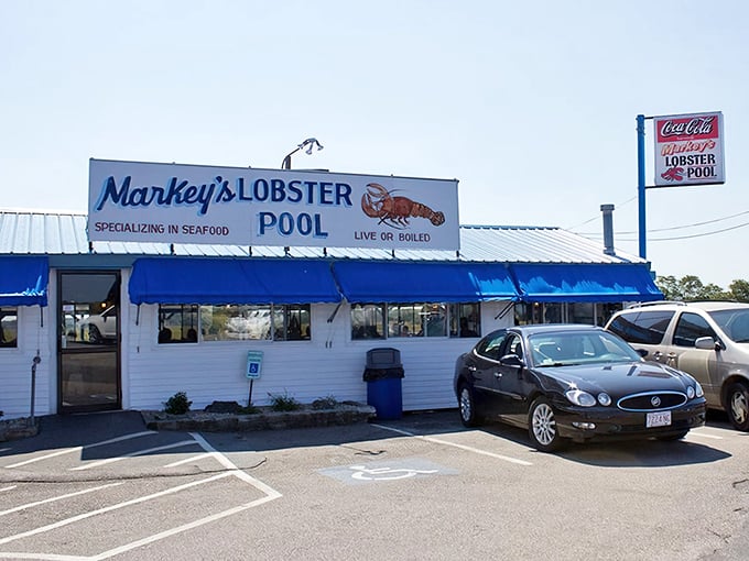 Markey's blue awnings welcome seafood pilgrims &ndash; no fancy frills, just the promise of lobster perfection waiting inside.