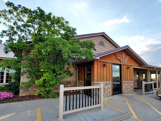 Mrs. Yoder's Kitchen welcomes hungry visitors with its rustic wooden entrance and star decoration under bright Ohio skies.