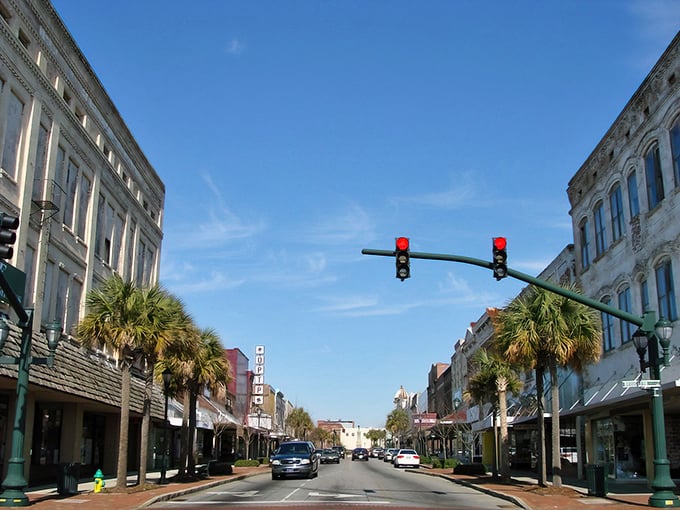 Historic downtown Orangeburg showcases palm-lined streets and well-preserved architecture under clear Carolina skies.