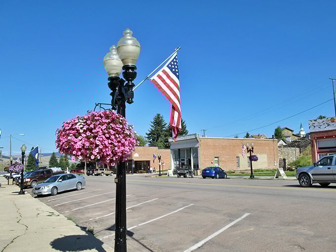 Flower baskets and American flags add splashes of color to Philipsburg's charming downtown. Norman Rockwell couldn't have painted it better himself.