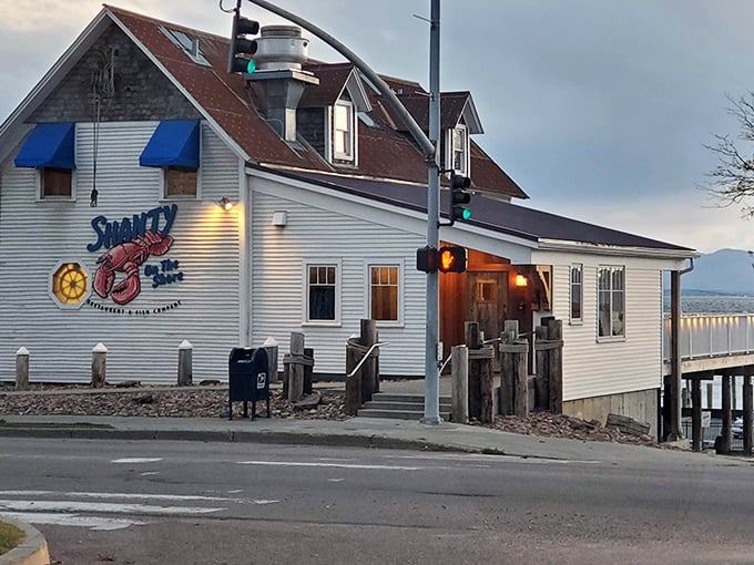 Evening light hits Shanty just right, making it the perfect spot for sunset dining by Lake Champlain.