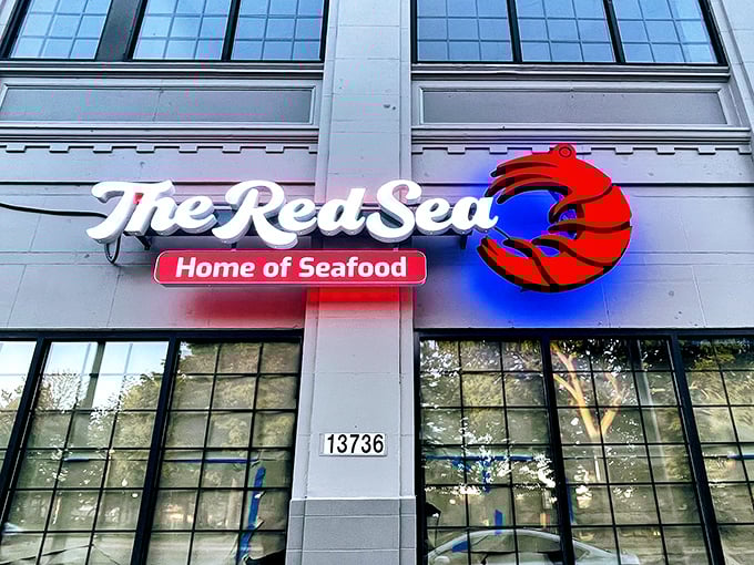 Simple on the outside, spectacular on the plate. The Red Sea's bright sign promises seafood adventures beyond the ordinary.