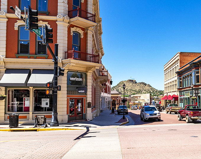 Trinidad's historic district features this stunning red brick corner building, a perfect example of the town's preserved Victorian charm.