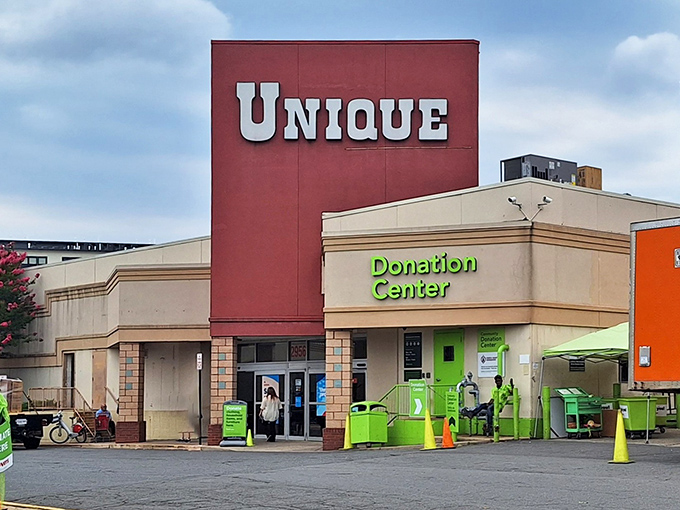 The green donation bins outside hint at the constant flow of fresh treasures within.
