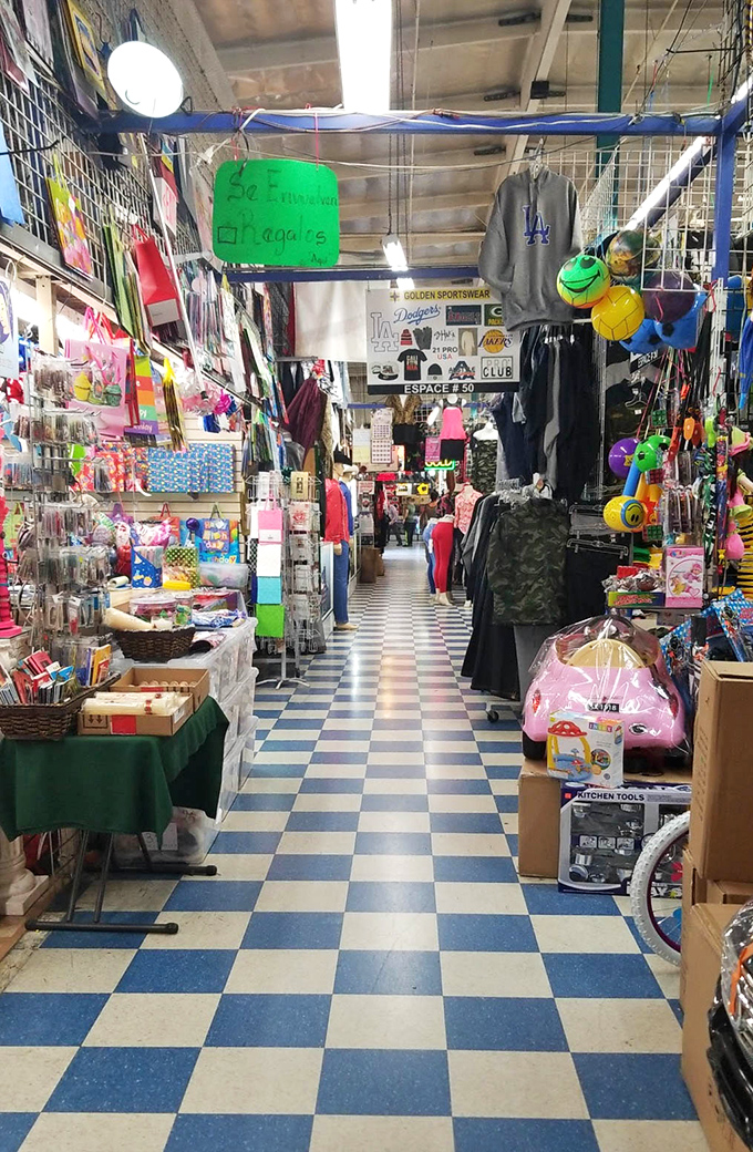 Blue and white checkered floors lead you through a wonderland of merchandise where ceiling space is premium real estate.
