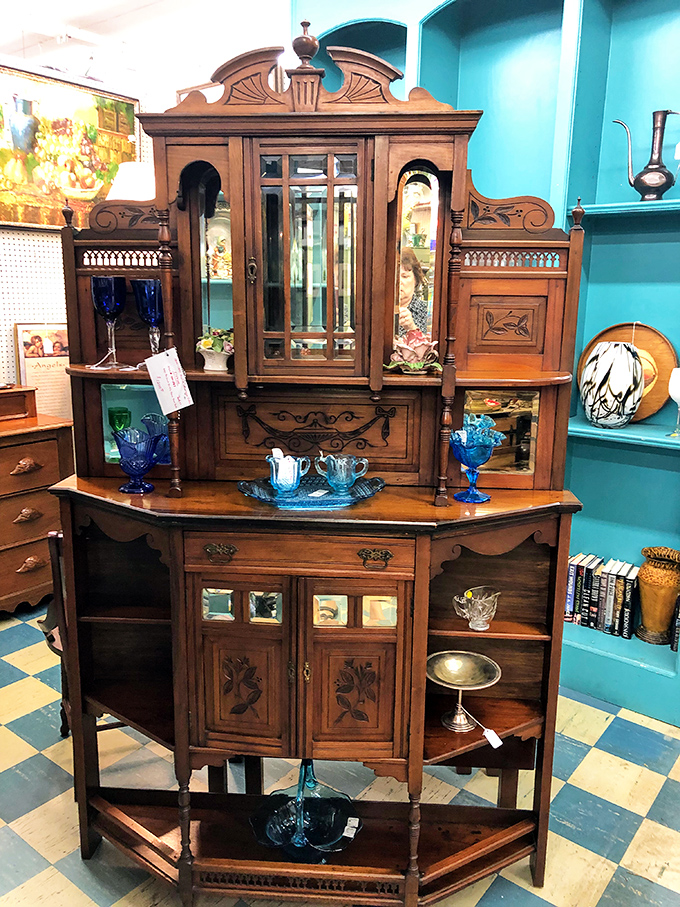 Not your grandmother's china cabinet&mdash;though it might have been. This stunning wooden hutch showcases craftsmanship that IKEA can only dream about.