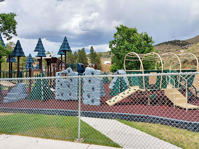 Even the playground in Austin has personality - those little blue pine tree shelters are pure mountain whimsy.
