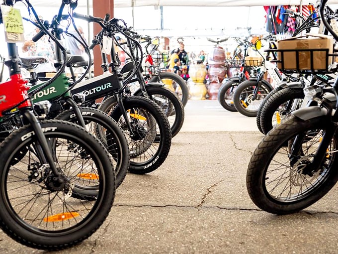 Modern meets mobility at this electric bike display. Who knew bargain hunting could include wheels that do the pedaling for you?