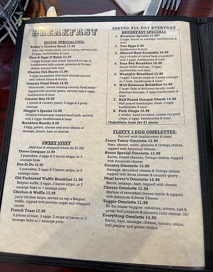 The breakfast menu reads like a love letter to morning indulgence, with specialties that would make any short-order cook proud.