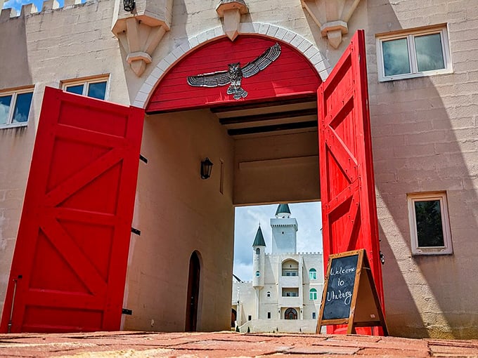 Those red doors aren't just making an entrance—they're making a statement that would impress any medieval lord.