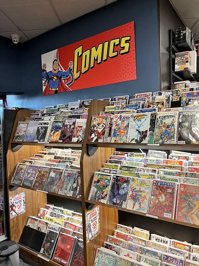 Superman himself would approve of this comic book haven. Decades of illustrated storytelling line these wooden shelves, from Batman to Aquaman.