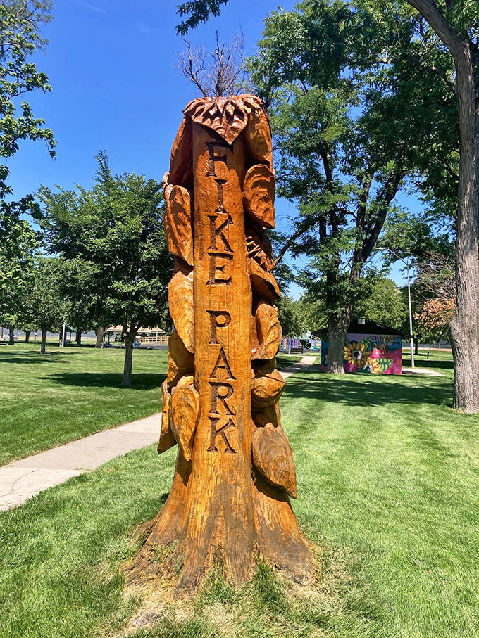 This wooden sculpture at Fike Park transforms a simple tree stump into functional art. Nature and creativity collide in Colby's green spaces.