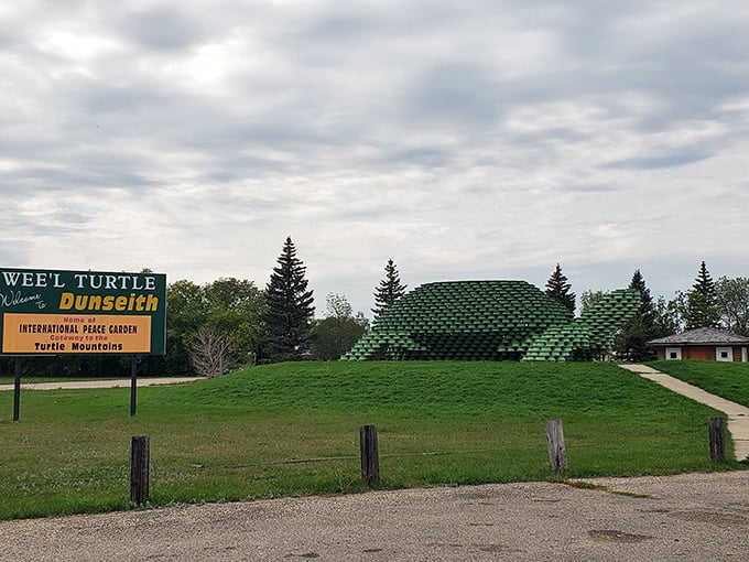 The International Peace Garden's iconic turtle structure stands as a whimsical sentinel. Like finding a Gaud&iacute; creation in the prairie&mdash;unexpected and utterly delightful.
