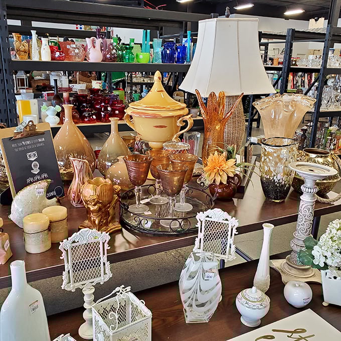 Amber glassware that would make your grandmother swoon sits alongside delicate vases waiting for their second act in someone's home.