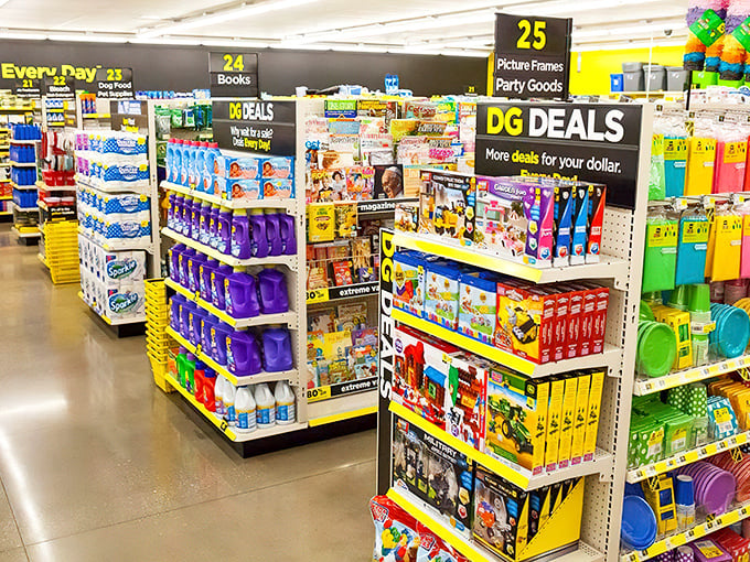 Aisles of colorful possibilities stretch before you, with DG Deals signs promising more bang for your buck.