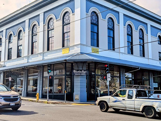 The blue-hued historic corner building stands as proudly as your grandpa telling his favorite fishing story &ndash; a colorful guardian of Hilo's architectural heritage.