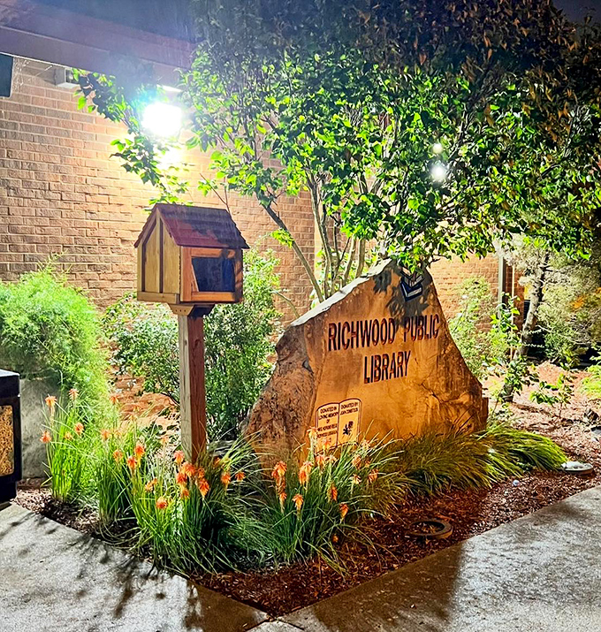 The Richwood Public Library's stone marker and little free library stand as twin testaments to a community that values stories as much as savings.