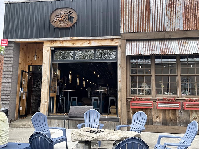 The Loaded Goat offers a rustic-modern retreat with inviting blue Adirondack chairs around a fire pit. A place where craft beverages and actual face-to-face conversation never go out of style.