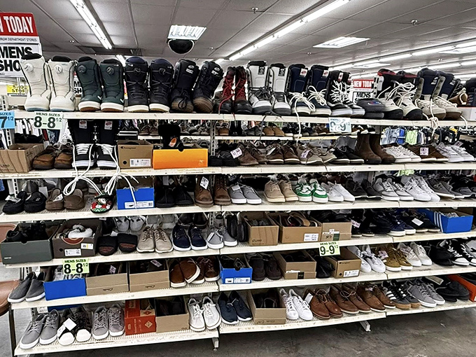 Footwear fantasies come true in these orderly rows, where barely-worn designer boots stand at attention next to practical everyday sneakers.