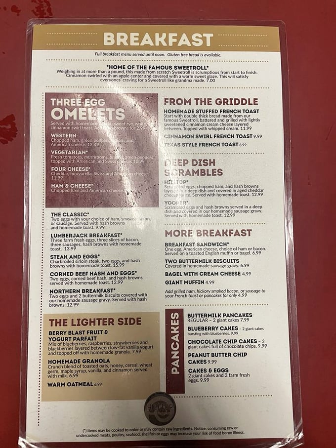 This menu reads like a love letter to comfort food. The "Famous Sweetroll" description alone is poetry for the breakfast-obsessed.