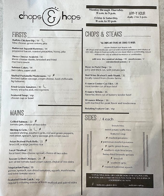 The menu tells the story&mdash;from Buffalo Chicken Dip to Red Wine Braised Lamb Shank&mdash;each dish a chapter in Chops & Hops' culinary narrative.