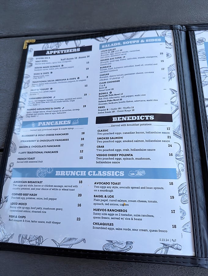 This menu tells the real story&mdash;seafood reigns supreme, but those bacon and chocolate pancakes might just change your life. Decisions, decisions!