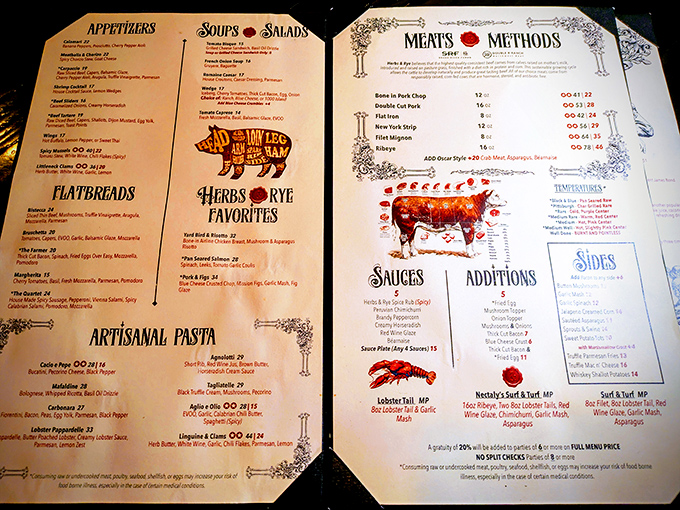 The menu reads like a carnivore's dream journal, with cuts organized by cooking method and cocktails categorized by historical era.