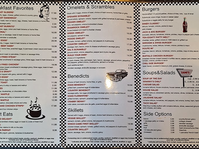 This isn't just a menu; it's a roadmap to comfort food nirvana, complete with checkered borders and illustrations that practically whisper, "Order the milkshake too."