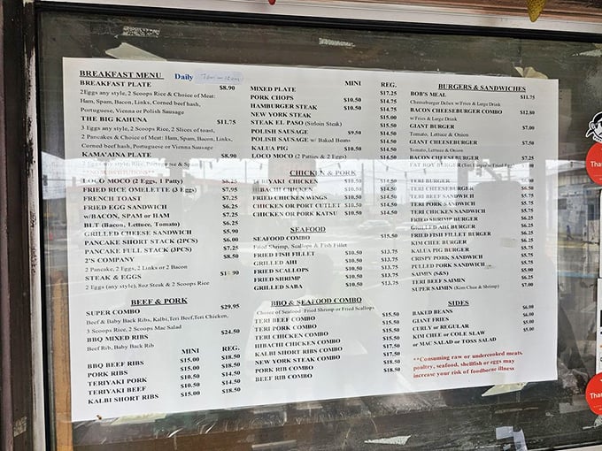 A menu board that reads like a delicious novel with chapters spanning breakfast, BBQ, and seafood. Decision paralysis has never been so delightful.