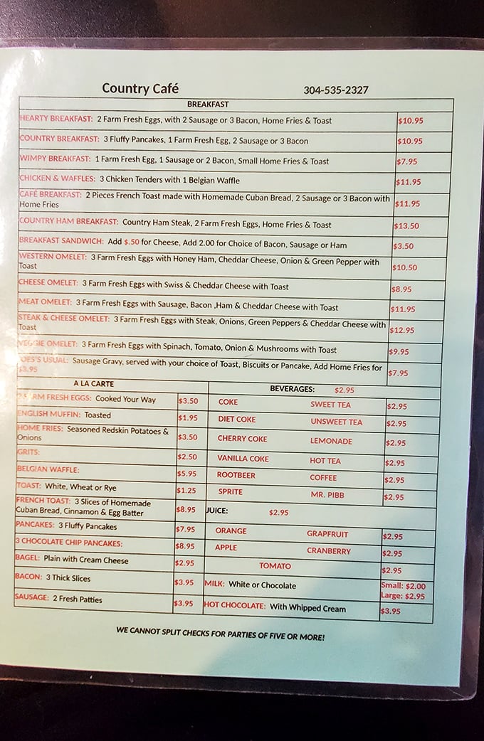 A menu that reads like breakfast poetry&mdash;where "Wimpy" is an option and nobody judges you for ordering chocolate chip pancakes at noon.