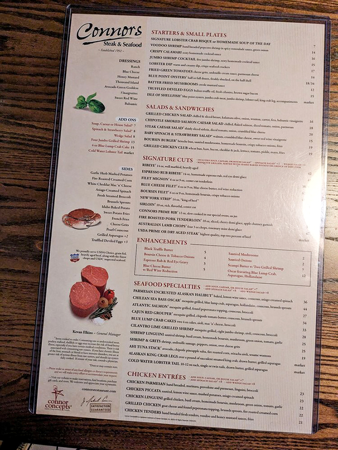 A menu that reads like a love letter to carnivores, with enough seafood options to prevent any coastal envy.