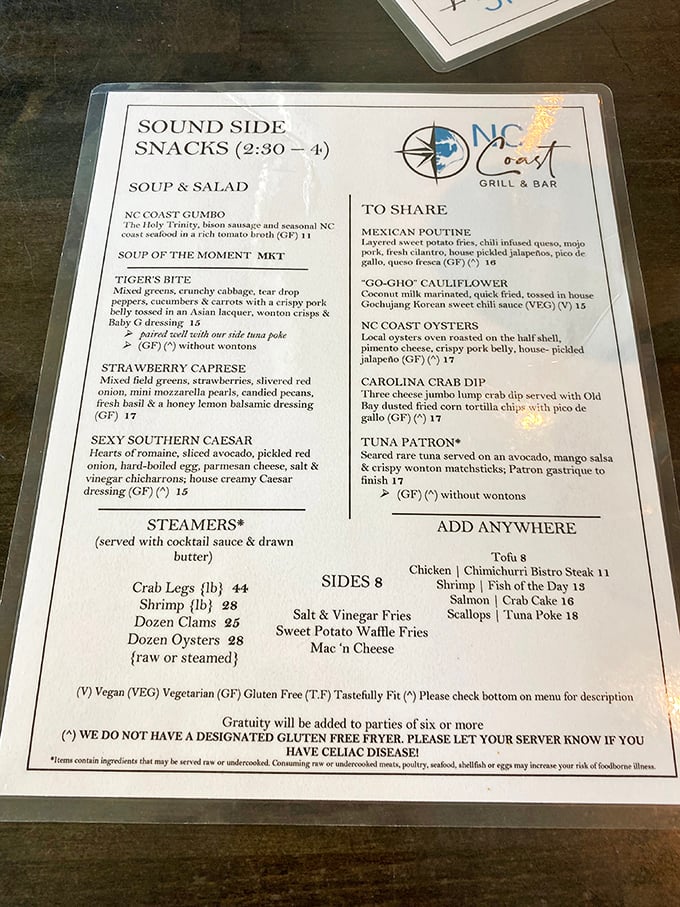 The menu reads like a love letter to North Carolina's waters&mdash;each dish promising a vacation for your taste buds without the hassle of TSA.