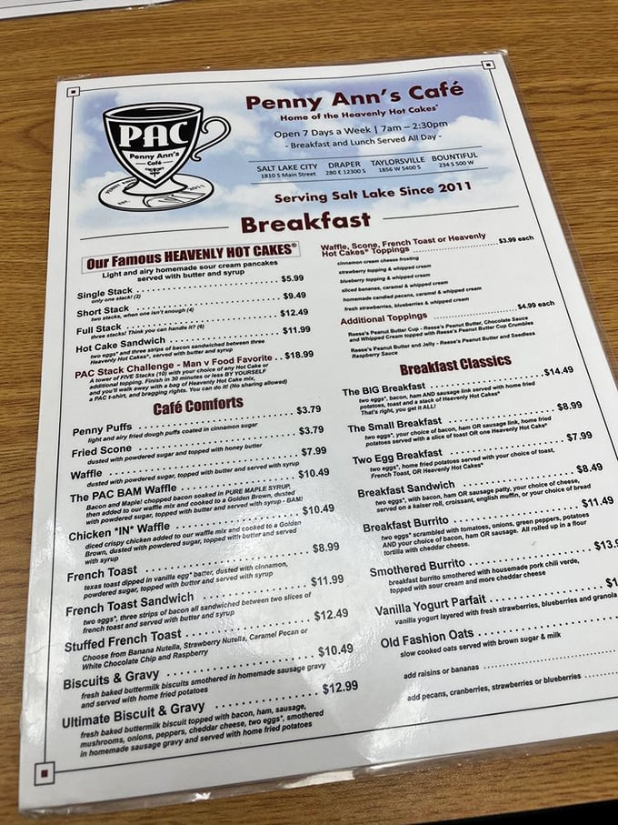This menu isn't just a list&mdash;it's a roadmap to breakfast nirvana. The "Heavenly Hot Cakes" section alone deserves its own ZIP code.