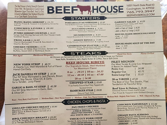 A menu that cuts right to the chase&mdash;when "Beef House Ribeye" is printed in bold, you know what you're here for. No foodie buzzwords, just honest offerings.