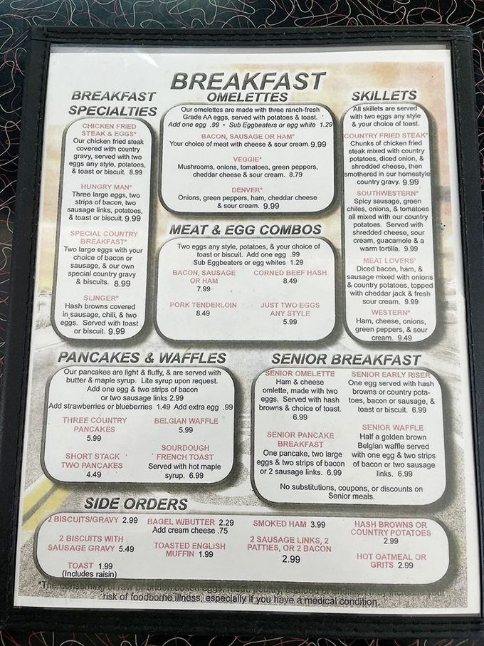 This menu isn't just food—it's a roadmap to happiness. The "Hungry Man" breakfast isn't just a meal, it's a challenge!