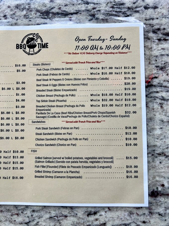 The bilingual menu reads like a carnivore's dream journal. Portuguese-Brazilian influences shine through in every mouthwatering option.