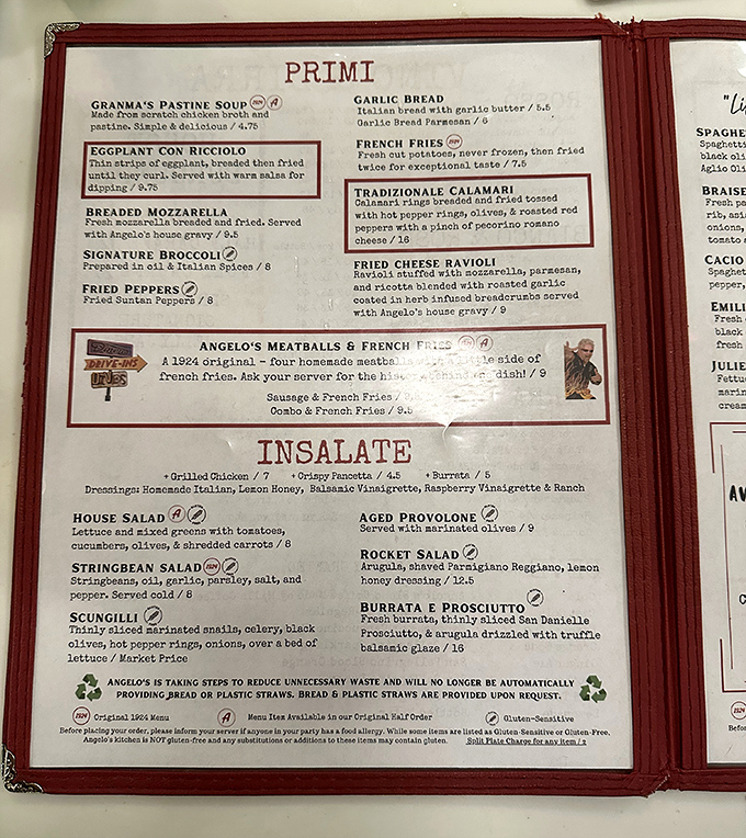The menu reads like a love letter to Italian-American cuisine—Granma's Pastine Soup and Angelo's Meatballs stealing the spotlight.