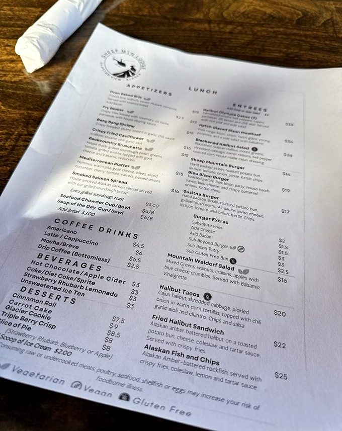 A menu that reads like a love letter to Alaskan cuisine. Halibut tacos and reindeer sausage? Yes, please!