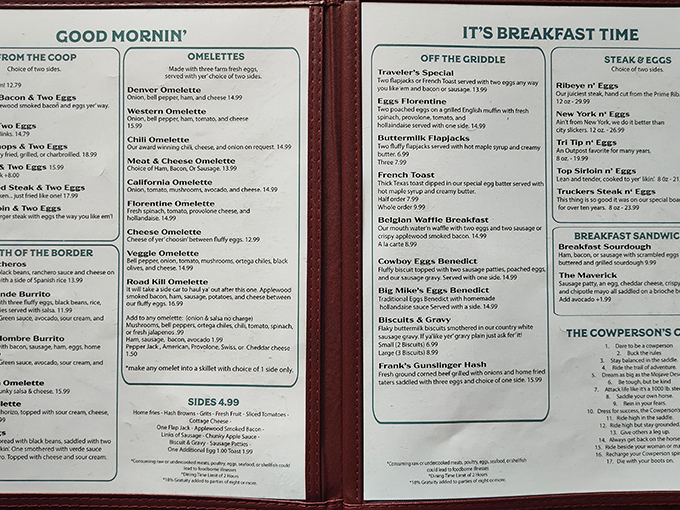 The breakfast menu reads like a love letter to morning hunger, with everything from border-crossing burritos to cowboy-approved benedicts.