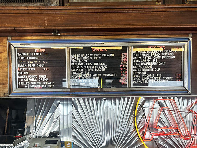 This isn't your grandfather's diner menu. Korean BBQ sliders and Greek calamari share space with "The Undertaker's Wife's Sandwich"&mdash;culinary intrigue at its finest.