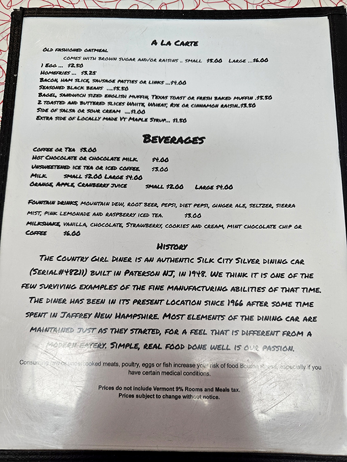 History served alongside breakfast &ndash; the menu reveals this 1948 Silk City dining car's journey from New Jersey to Vermont.