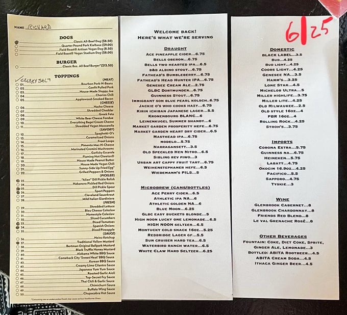 This menu isn't just a list&mdash;it's a manifesto of hot dog possibilities. From Froot Loops to alien pickle relish, the toppings checklist is where culinary adventure begins.