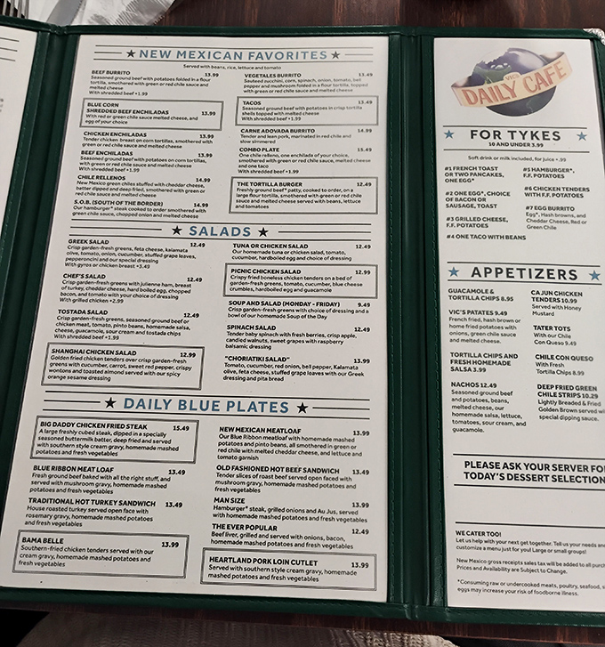 This menu is like a treasure map where X marks the spot for everything from New Mexican specialties to classic American comfort food.