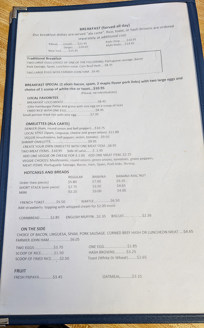 A menu where nothing needs translation and everything satisfies. The pancakes section is where the magic happens.