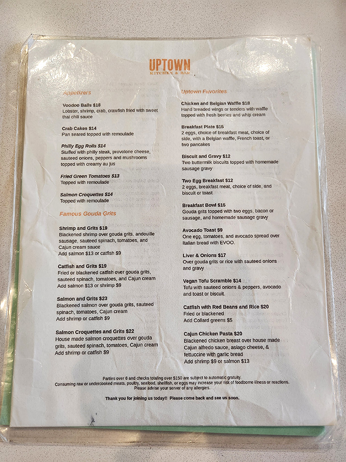 The menu reads like a love letter to Southern comfort food. Each description is a promise of flavor that makes decision-making deliciously difficult.