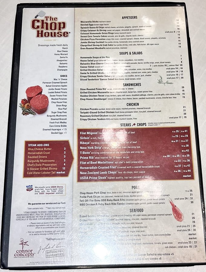 A menu that reads like poetry to meat lovers. Notice how your eyes immediately gravitate to that "Slow-Roasted Prime Rib" section? Mine too.