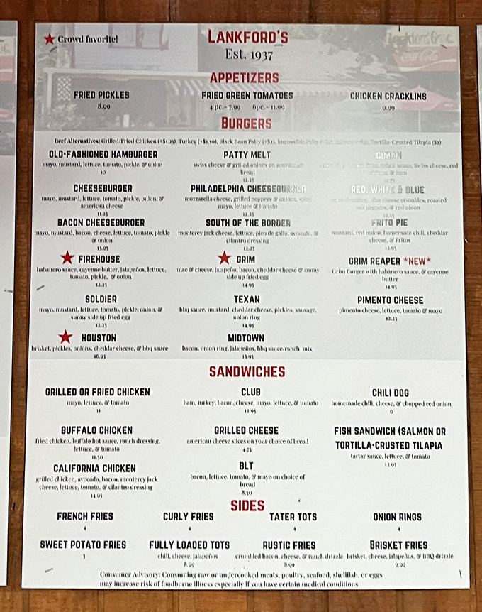 The menu board at Lankford's reads like a love letter to burger enthusiasts. Each starred item is a path to happiness.