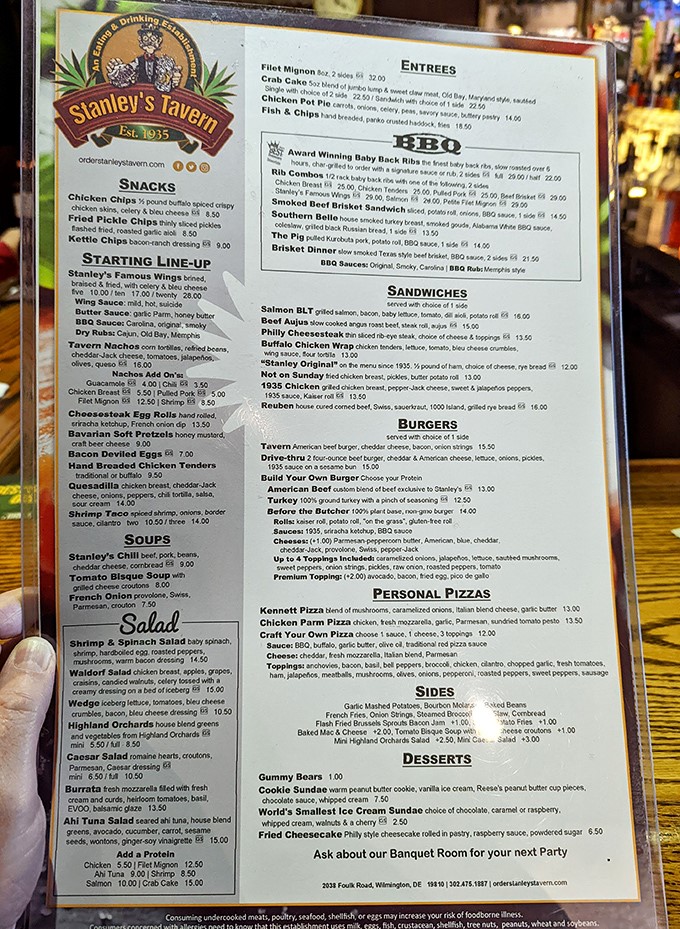 A menu that reads like a love letter to American comfort food classics. No molecular gastronomy here, just honest-to-goodness dishes that satisfy the soul.